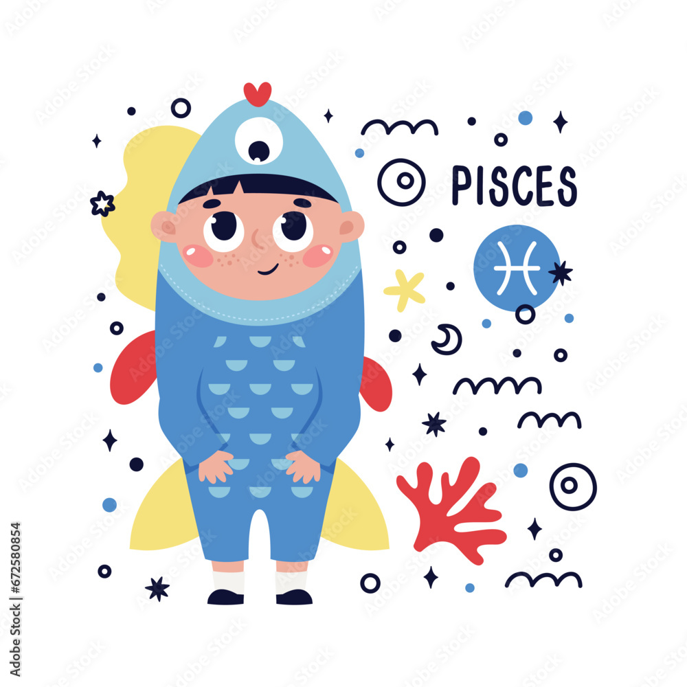 Colorful card with Pisces zodiac sign. Kids characters with ...