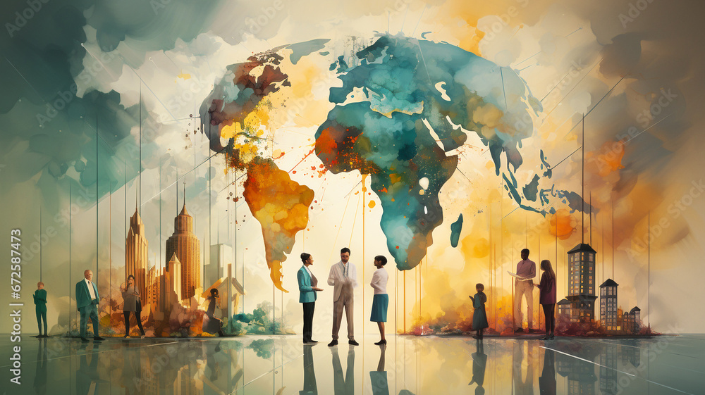 Meeting of people, planet earth with world map, brainstorming for ideas ...