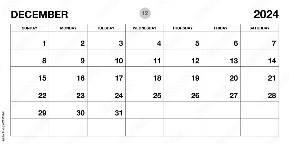 Vecteur Stock December 2024 year planner template, calendar 2024 ...