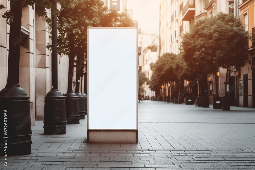Outdoor mockup of a blank information poster on patterned paving-stone ...