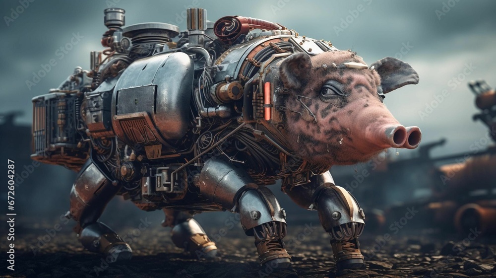 AI generated illustration of a futuristic robotic pig in the dirt Stock ...