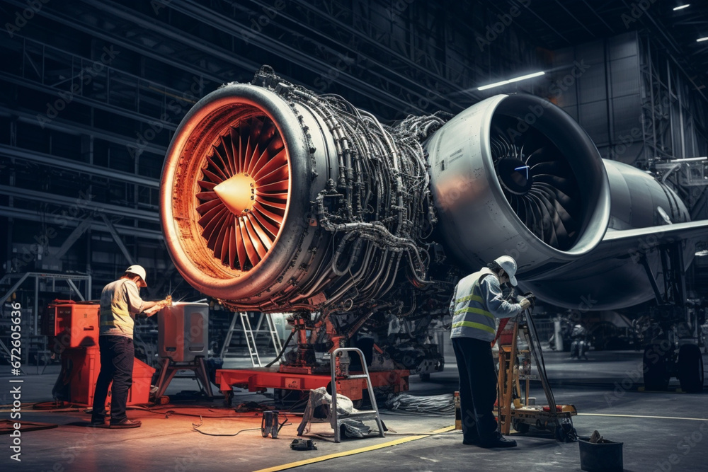 Aircraft Jet engine maintenance in airplane hangar, aesthetic look ...