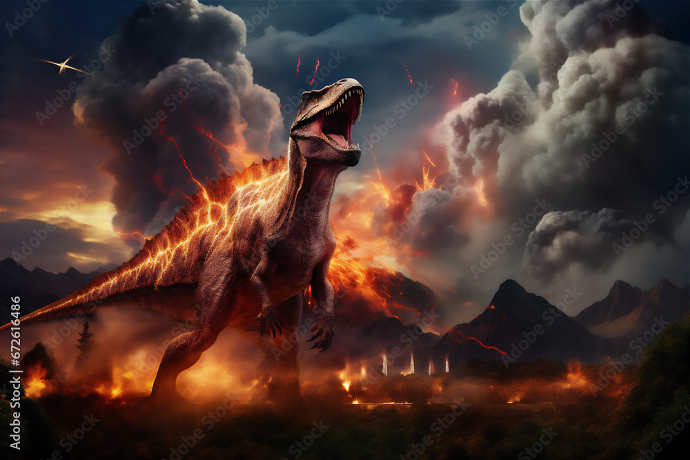 Illustration of the era of dinosaurs becoming extinct, ancient forest ...