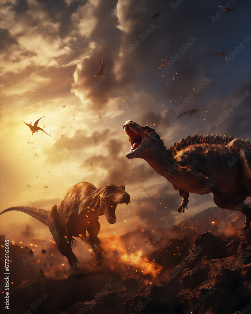 Illustration of the era of dinosaurs becoming extinct, ancient forest ... Illustration of the era of dinosaurs becoming extinct, ancient forest ...
