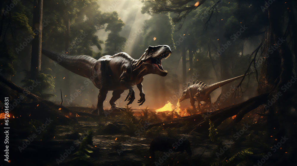 Illustration of the era of dinosaurs becoming extinct, ancient forest ...