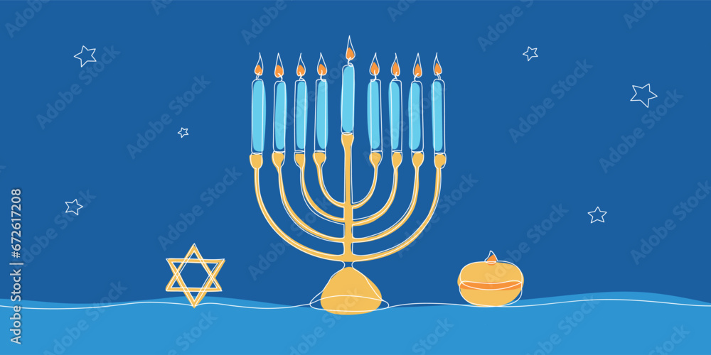 Hanukkah menorah outline background with star and sufganiyot filled ...