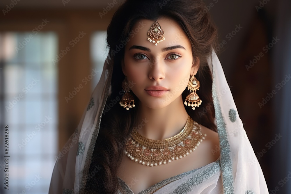 Beautiful Indian woman model in sari traditional dress with the Taj ...