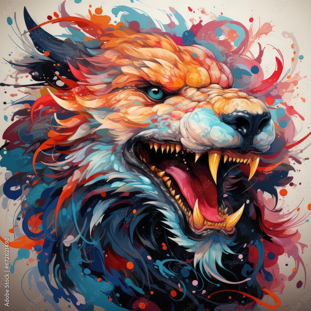 Dragon art with bright watercolors. Dragon print, banner, poster ...