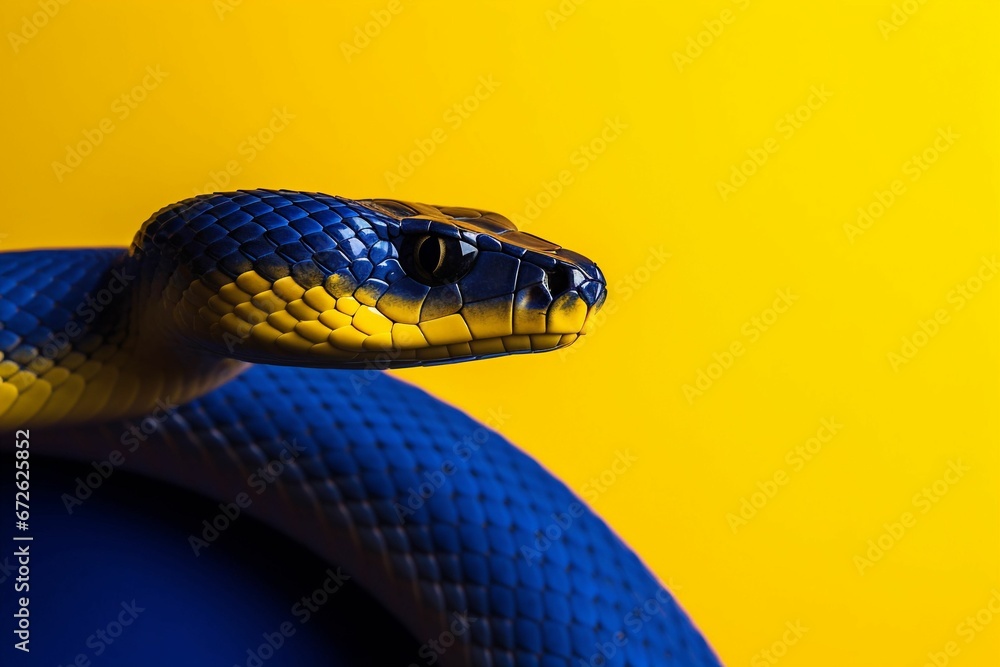 AI generated illustration of a yellow and blue cobra snake on a yellow ...
