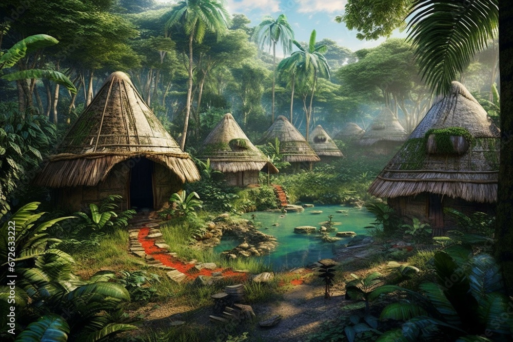 Rainforest tribe huts surrounded by lush nature. Ancient civilization ...