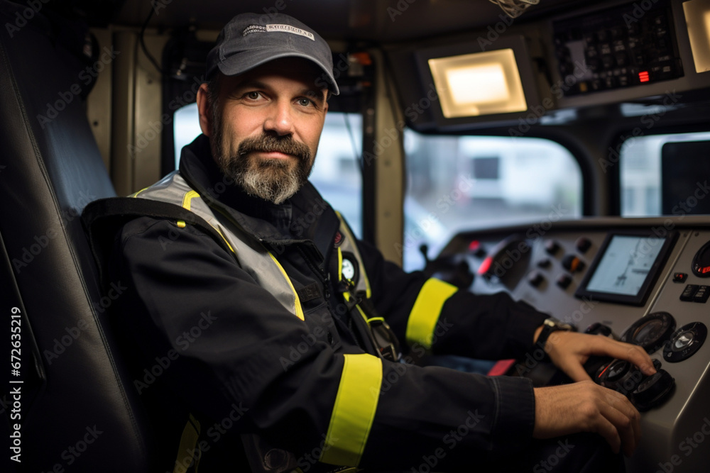 Portrait of Caucasian train driver sitting in driver's seat of subway ...