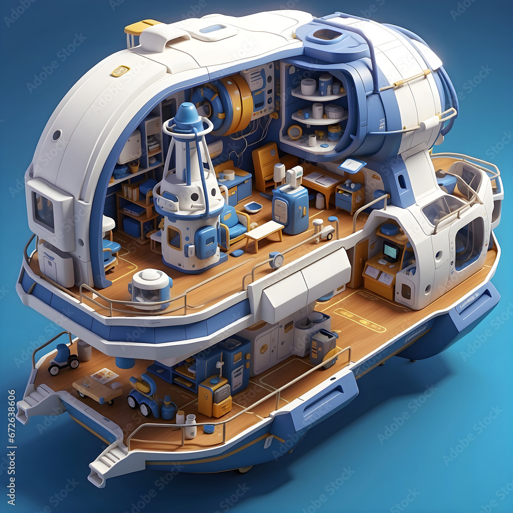 Inside deep-sea research vessel with cutaway isometric low poly art 3d ...