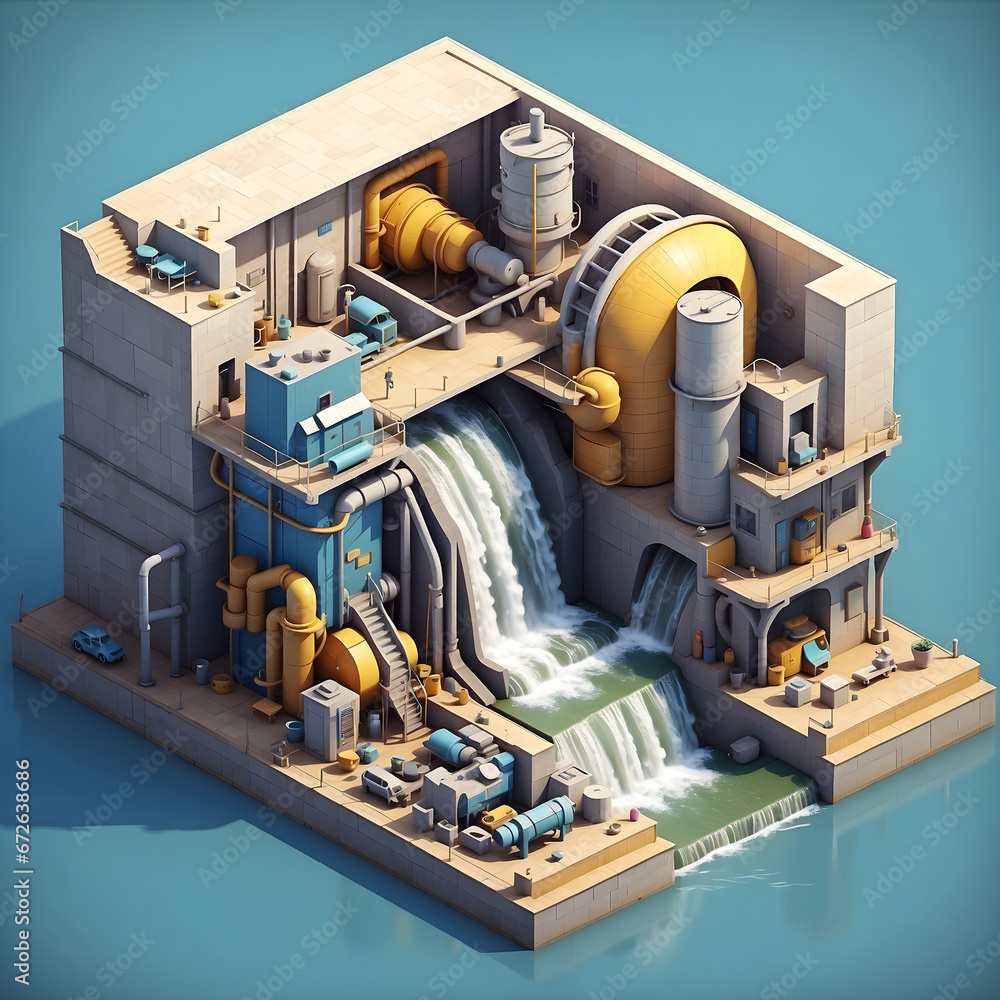Inside hydroelectric power plant with cutaway isometric low poly art 3d ...