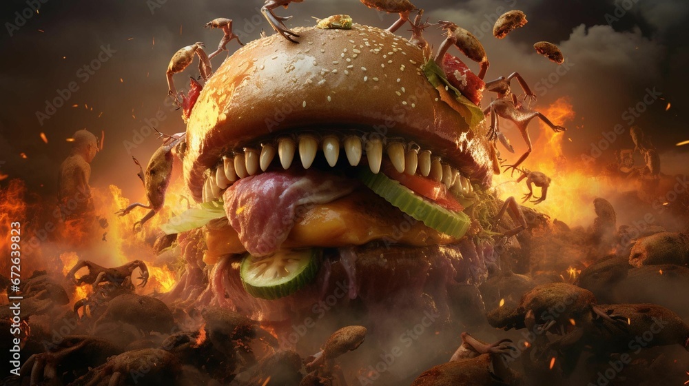 AI generated illustration of an animated giant hamburger with menacing ...