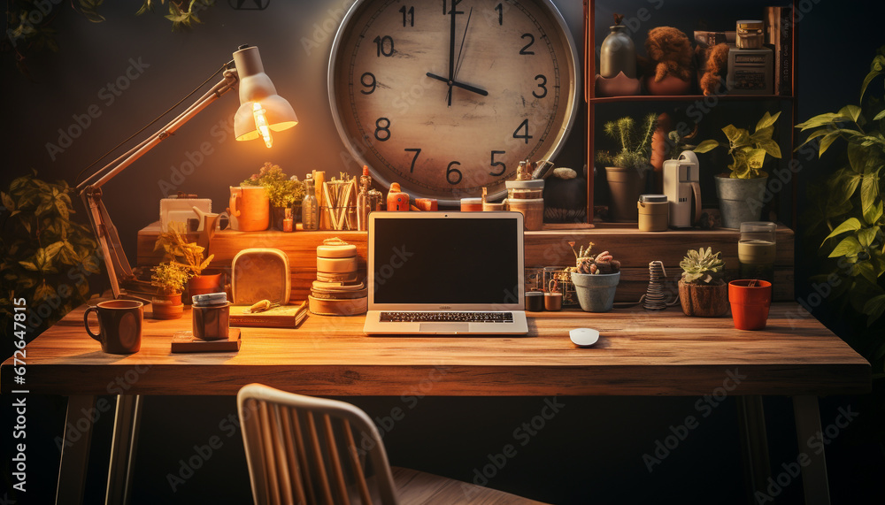 A modern office desk with a computer, clock, and plant generated by AI ...