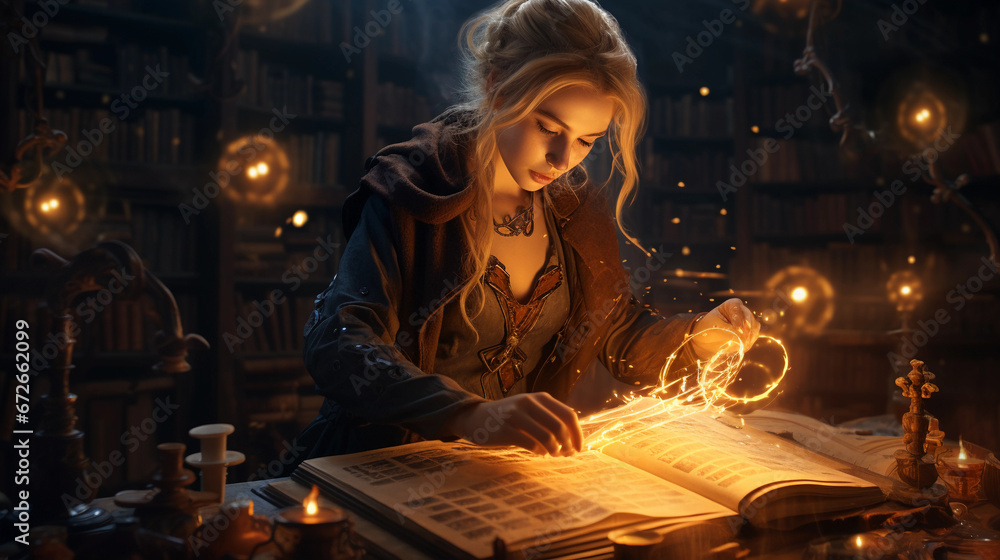 Steampunk library, filled with magical books, gears, and floating ...