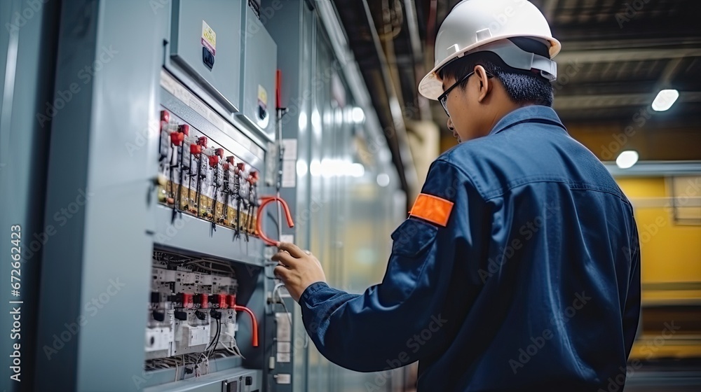 Engineer wearing safety unifrom and helmet under checking fire alarm ...