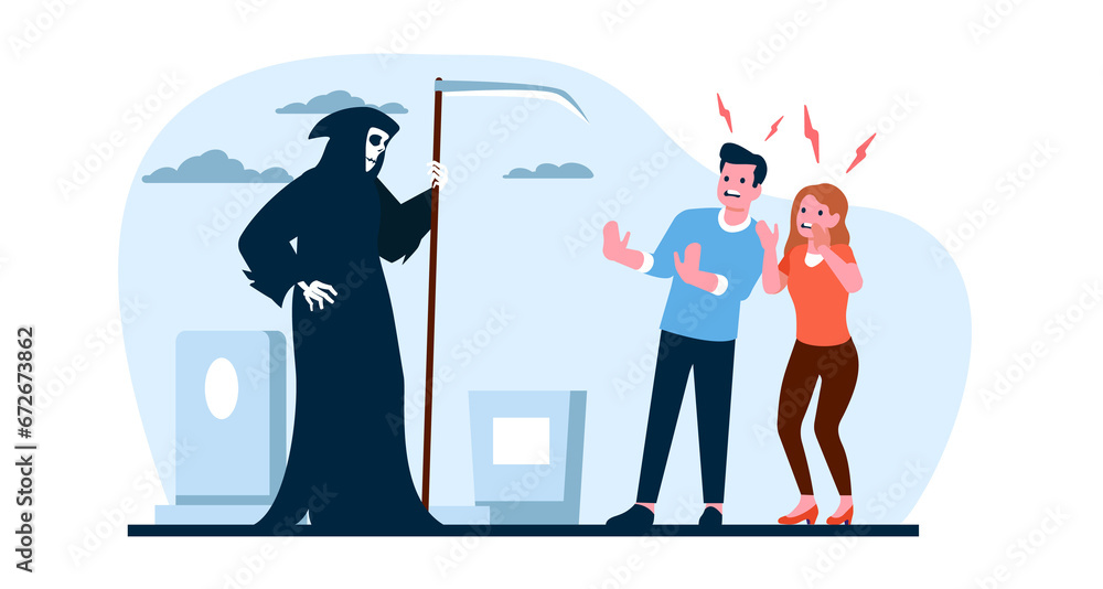 Phobia of death. People fear. Scary reaper in cape with scythe next to ...