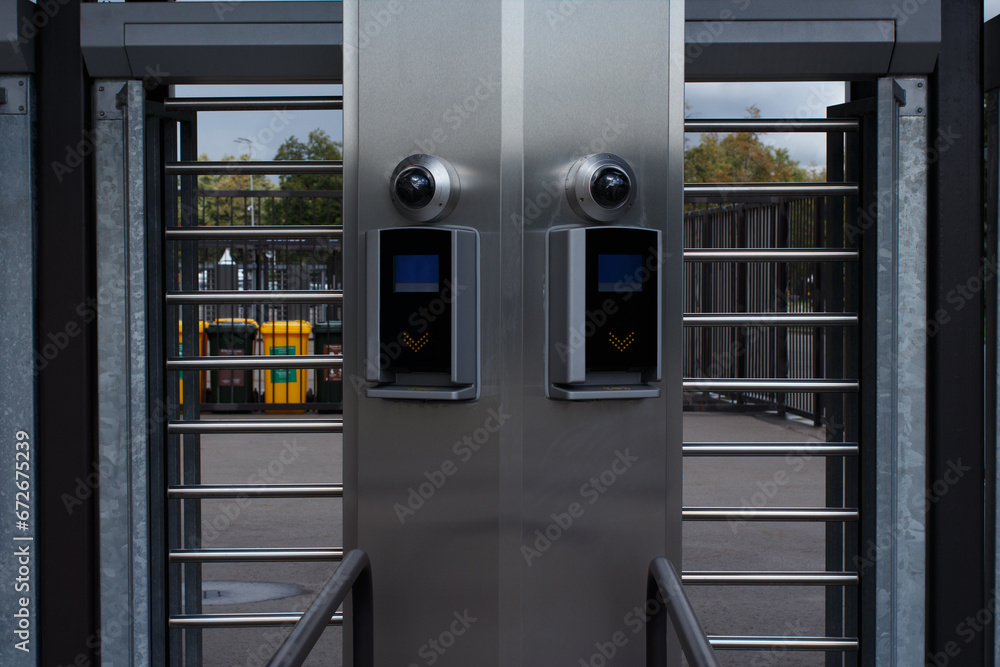 Metal structure for stadium access with ticket scanner and video ...