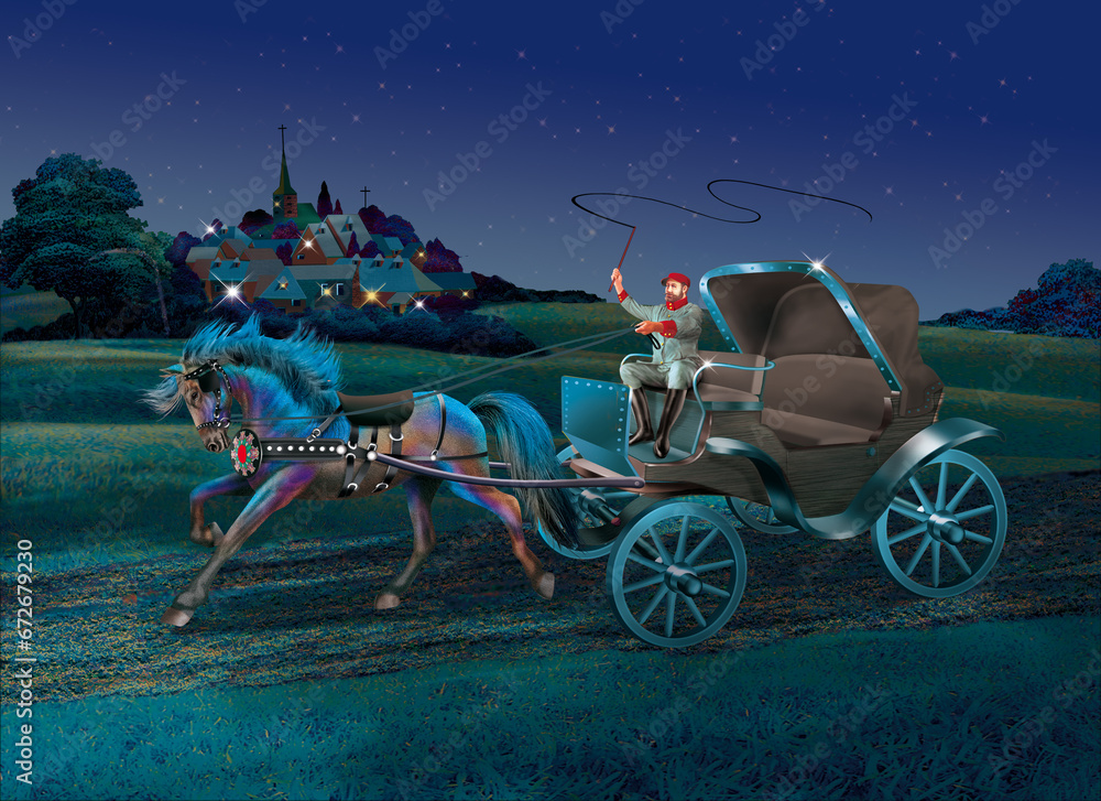 cheval, calèche, fond bleu, nuit, voiture, millésime, chariot ...