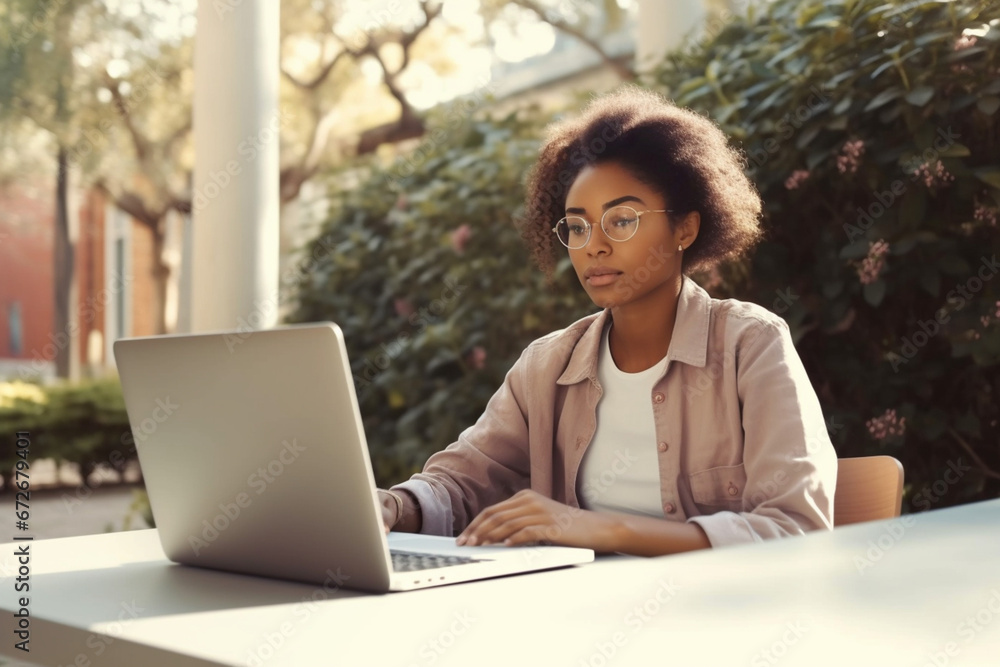 Student education, laptop and black woman typing research assignment ...