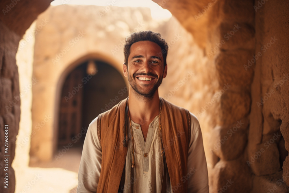 Waist-up view of laughing Middle Eastern man in traditional attire ...