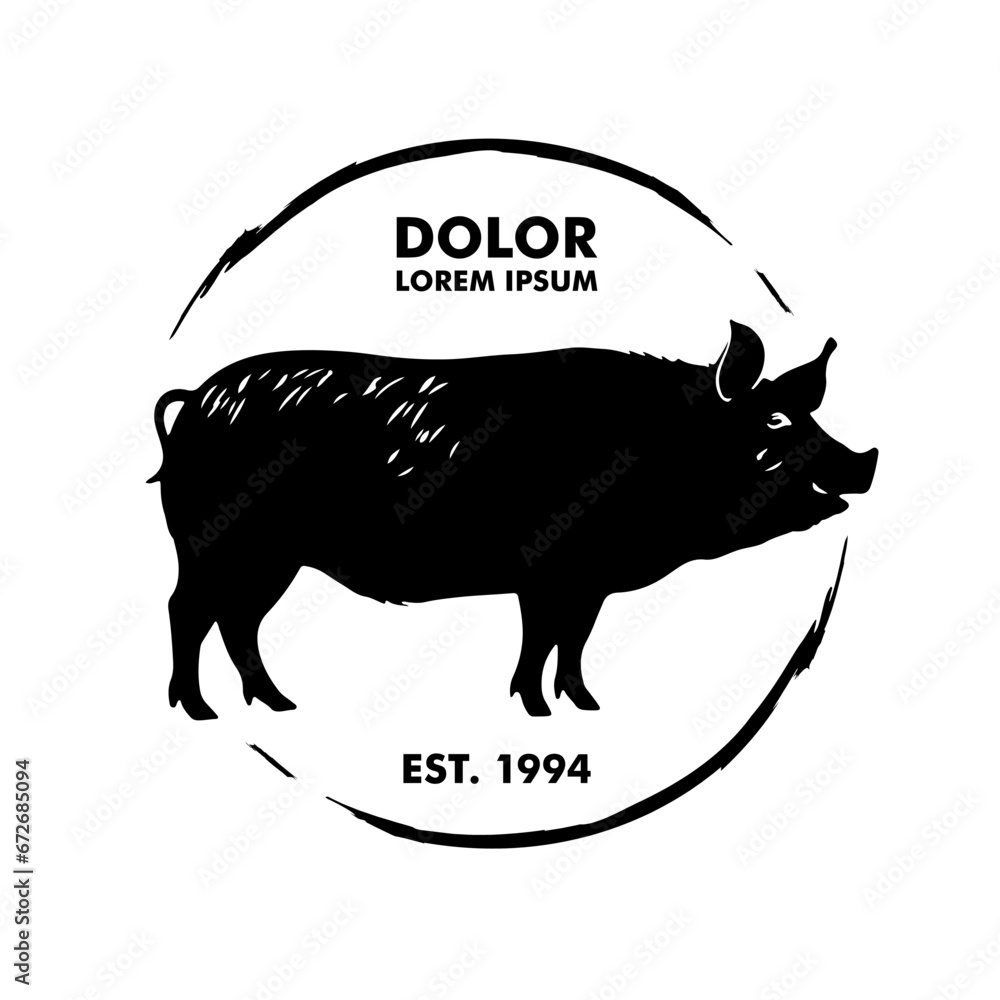 Black silhouette pig logo standing inside a circle. The pig has a ...