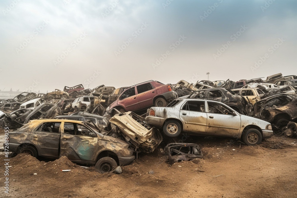 Large car dump representing pollution and waste. Abandoned vehicles ...