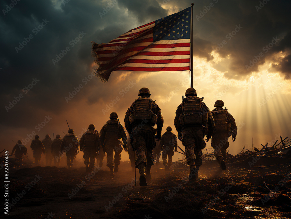 Flag of the United States of America with soldiers, symbolic image of ...