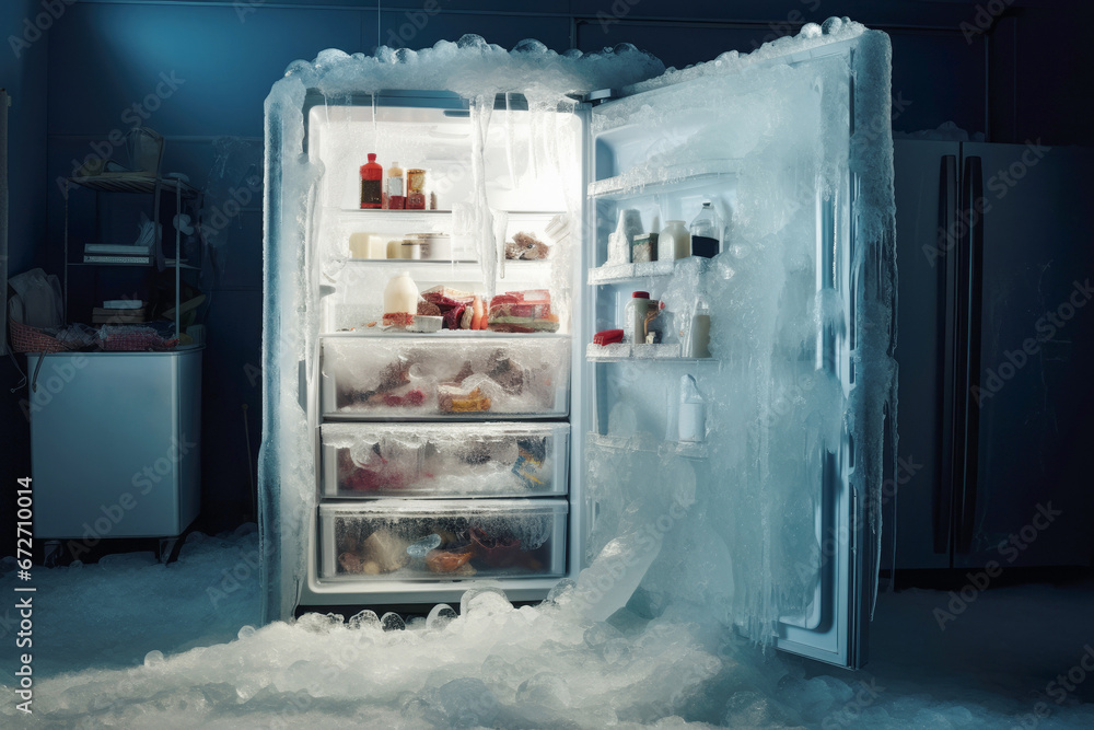 A winter scene inside a freezer, with frost-covered surfaces resembling ...