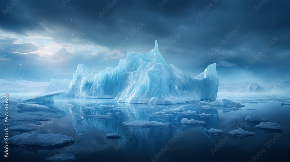 Melting ice with ice floe adrift in water, dissolving ice shards convey ...
