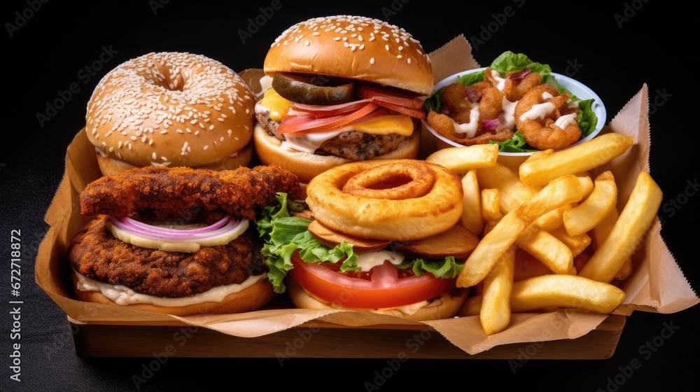 Fast food concept with greasy fried restaurant take out as onion rings ...