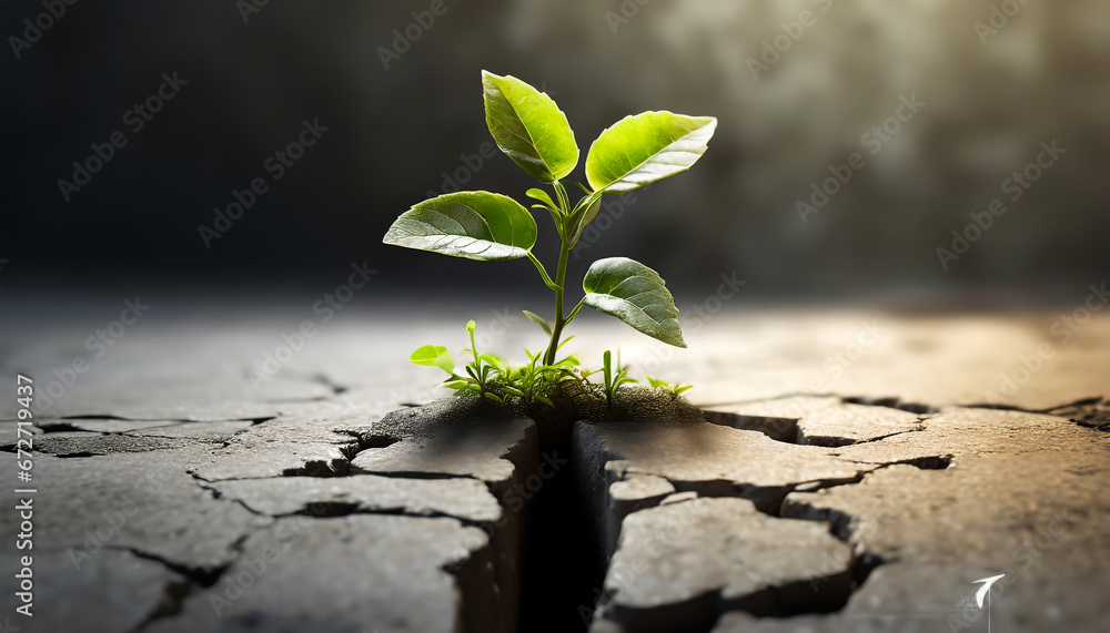 Resilience. A small plant growing through a crack in concrete Stock ...