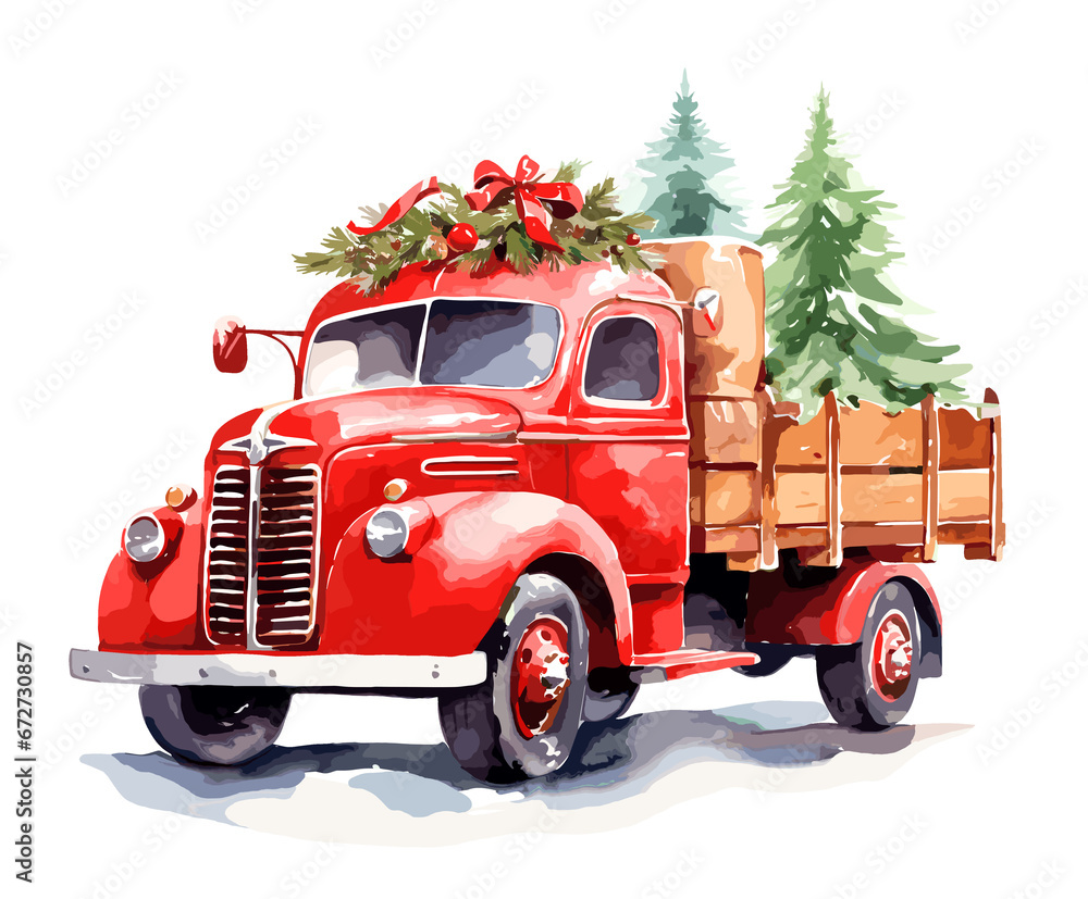 Old red truck with gift boxes and christmas tree in them, in the style ...