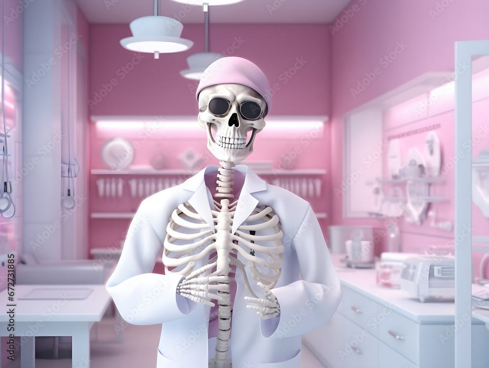 Skeleton in the doctor's suit standing at modern clinic room, working ...