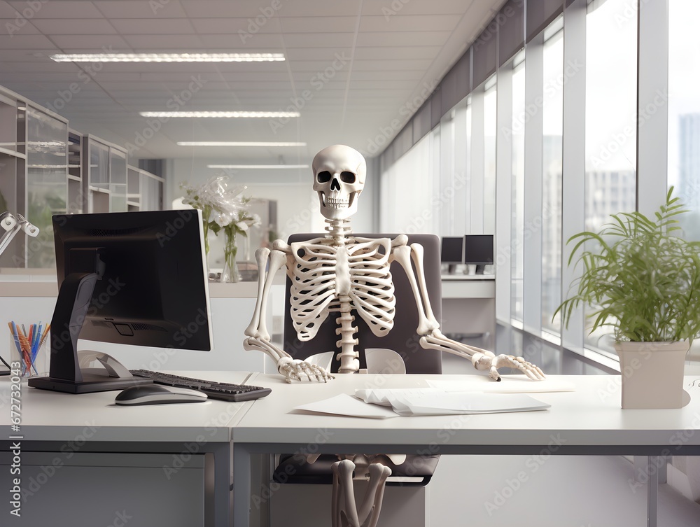 Skeleton in the business suit sitting at modern office desk, working with laptop. Corporate ...