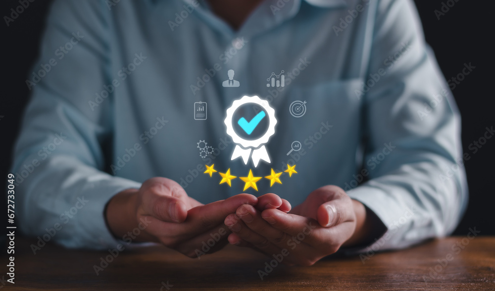 Quality control certificate concept. Businessman show high quality ...