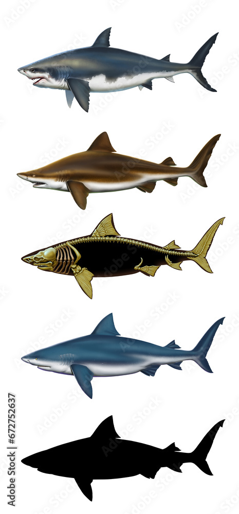 Megalodon white shark big set. Bull shark set side view illustration ...