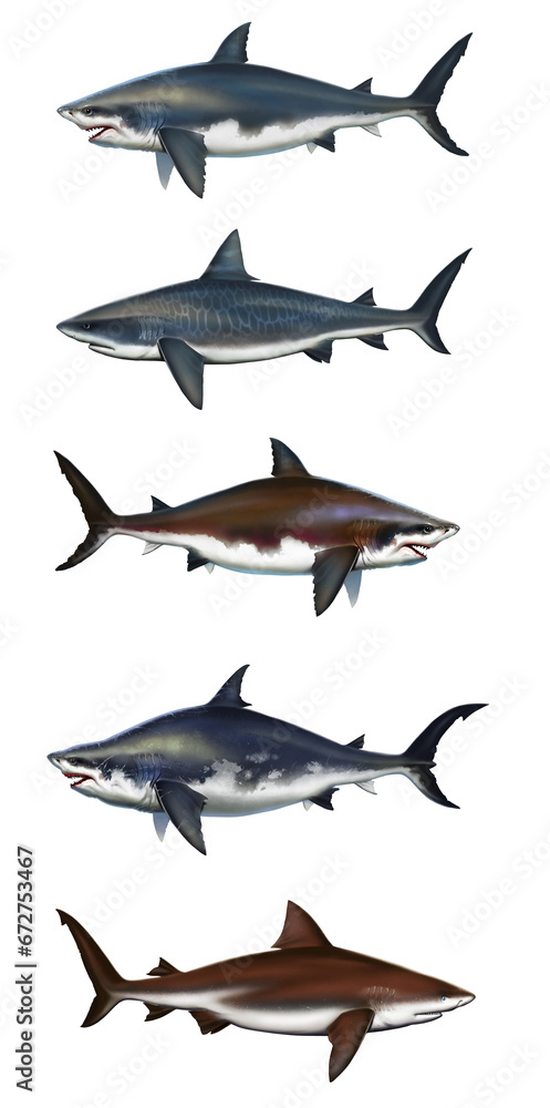 ภาพประกอบสต็อก A large collection of different sharks. Bull shark set ...