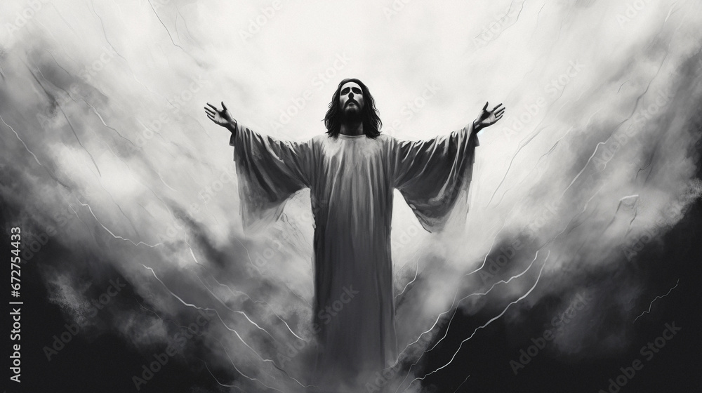 Jesus Christ art. Ascension of Jesus. Black and white colors Stock ...
