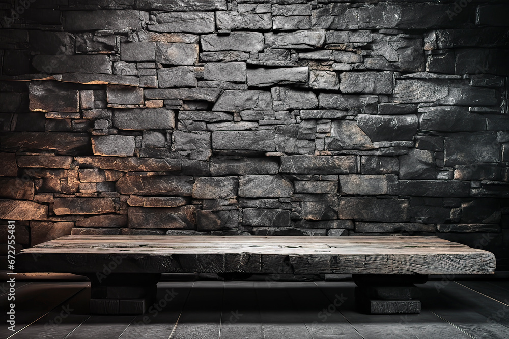 Simple Rustic Stone Bench in front of a Rough-Hewn Wall of Gray ...