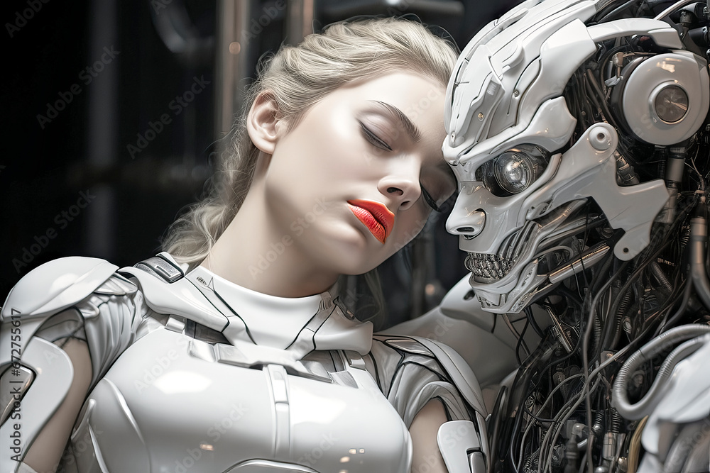 Sleeping pale woman with lips in a spacesuit leaning on a cyborg, an ...