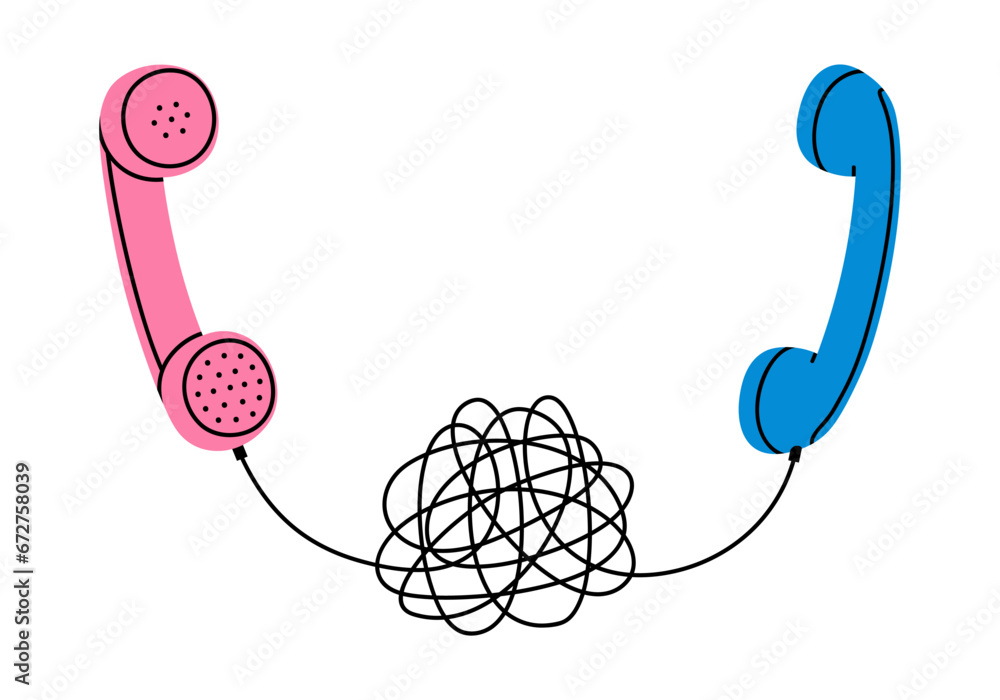 Hand drawn cute illustration of two retro phone handsets connected by ...