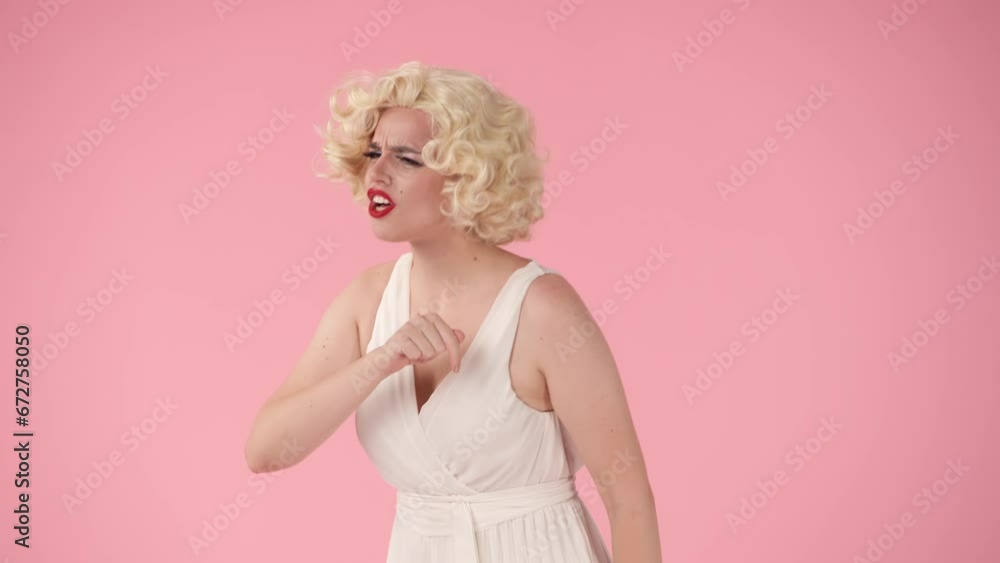 Aggressive woman shouting, swearing, accusing someone, pointing finger ...