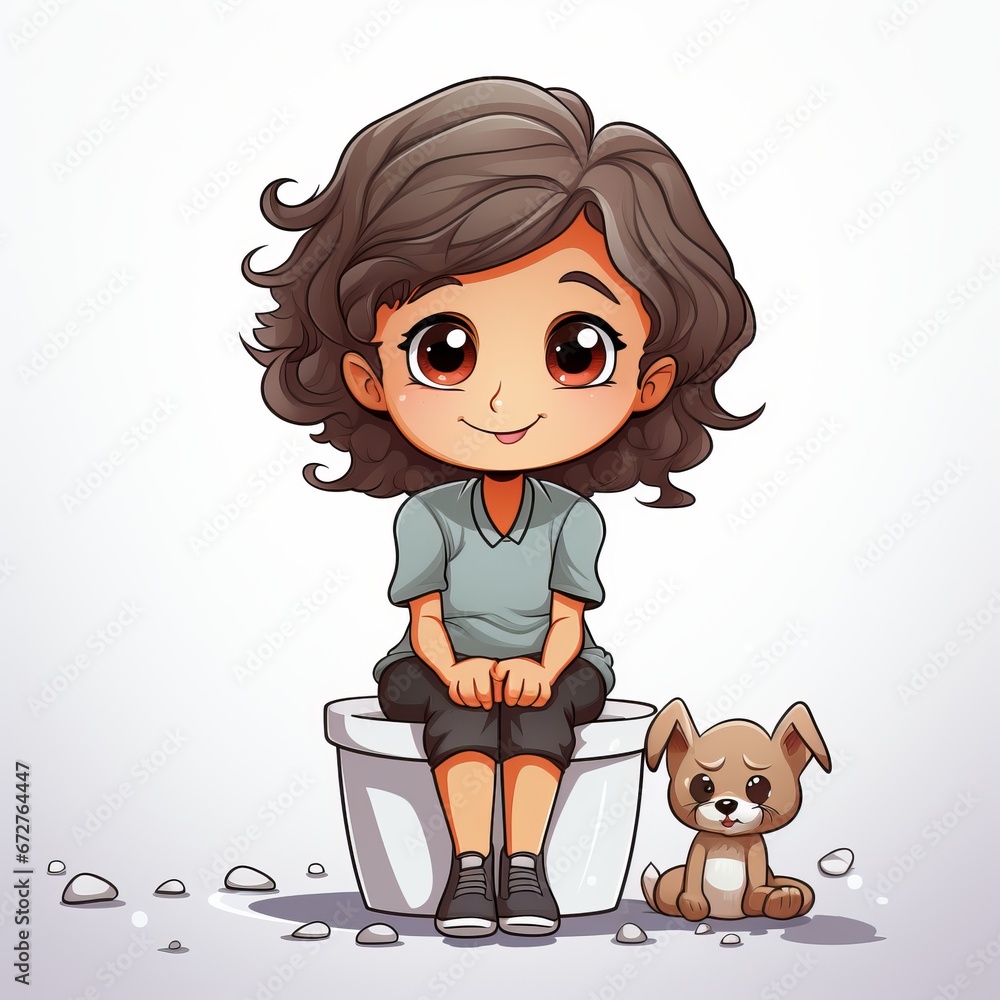 Cartoon girl in the restroom on the toilet with diarrhea and ...