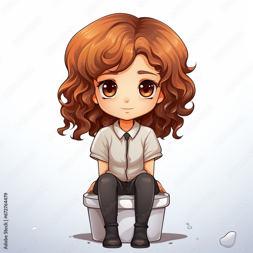 Cartoon girl in the restroom on the toilet with diarrhea and ...
