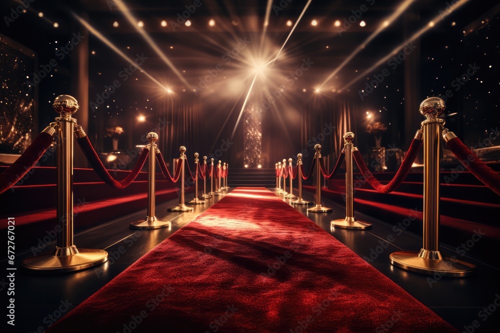 Glittering Red Carpet Leading To Velvet Stage, Cheering Crowd Stock ...