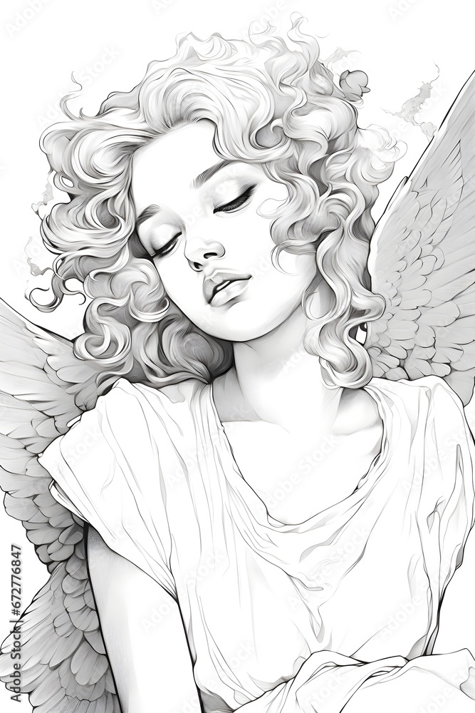 beautiful angel illustration in black and white sketch line art Stock ...
