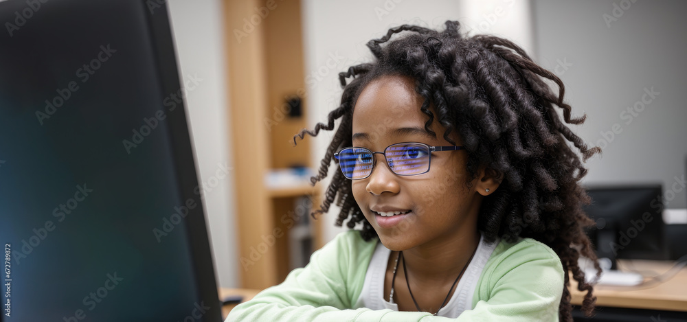 Foto de Young girl kid immersed in coding competition. basic ...