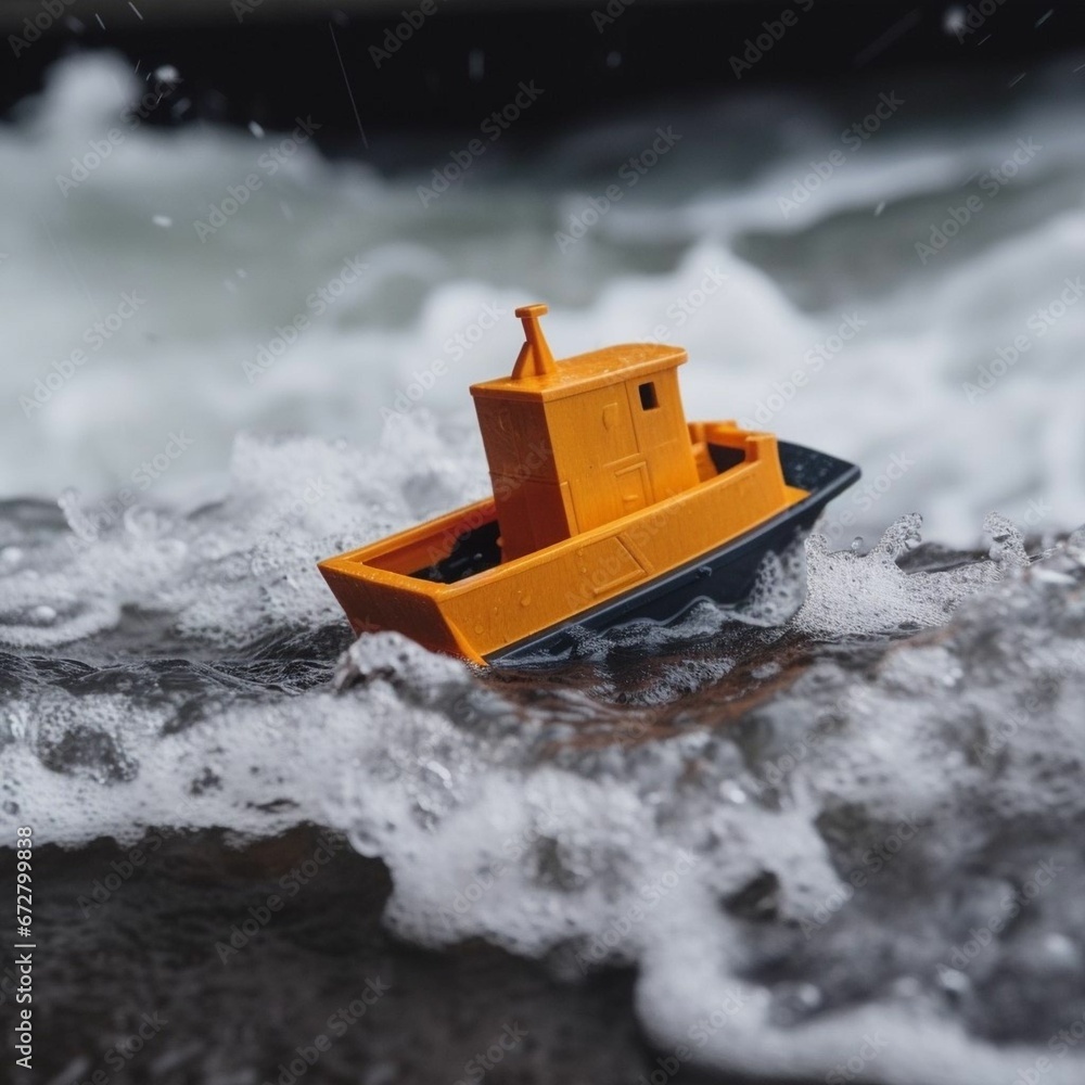 AI-generated illustration of a small toy boat on the splashing water's ...